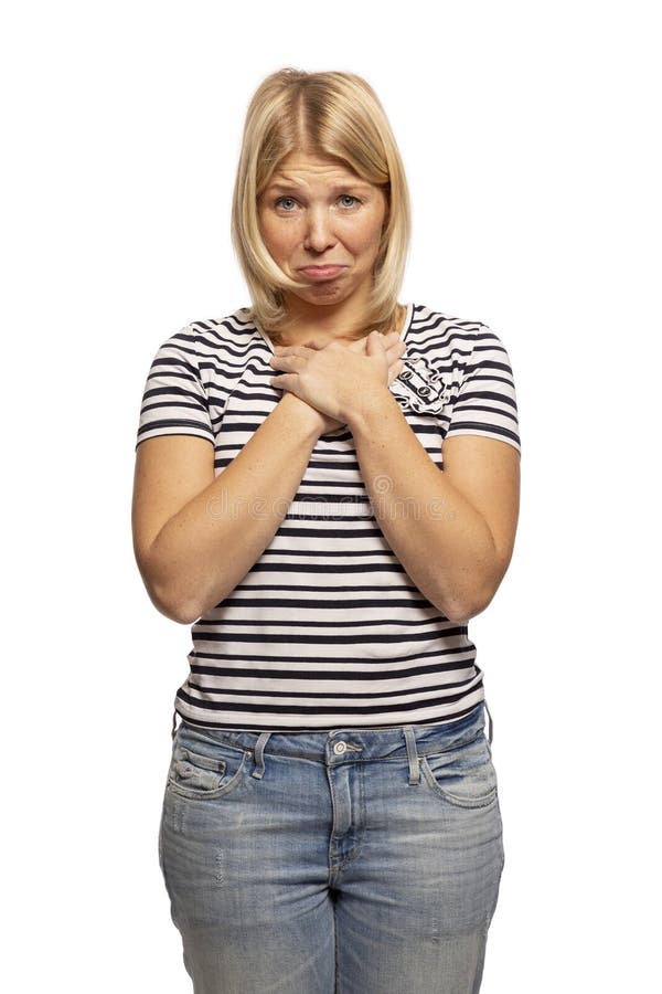 Young Woman in Shy Pose Isolated on White Background Stock Photo ...