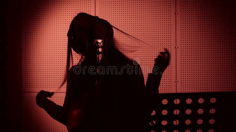 Young Woman Sings Song Microphone Recording Studio Under Neon Light ...