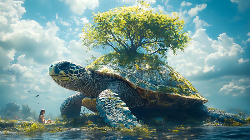 A Young Woman Sits by a Giant Turtle with a Tree Growing on Its Back ...