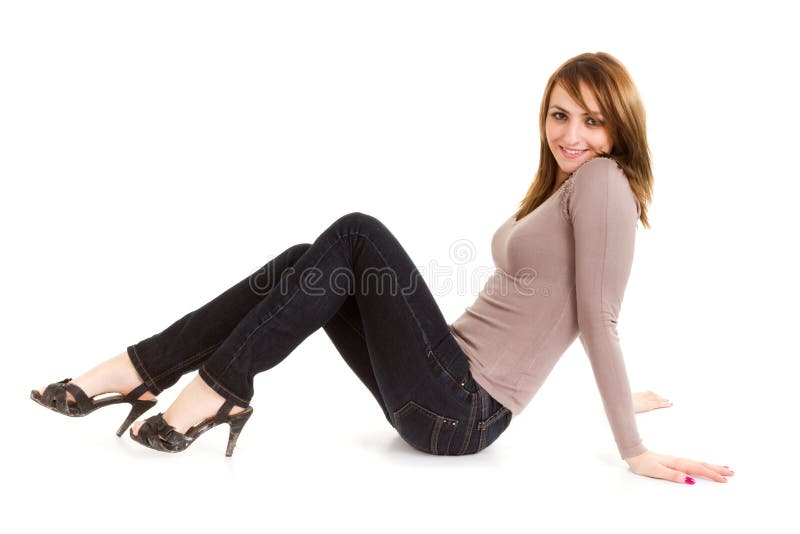 Young woman sitting stock image. Image of blue, adult - 17715391