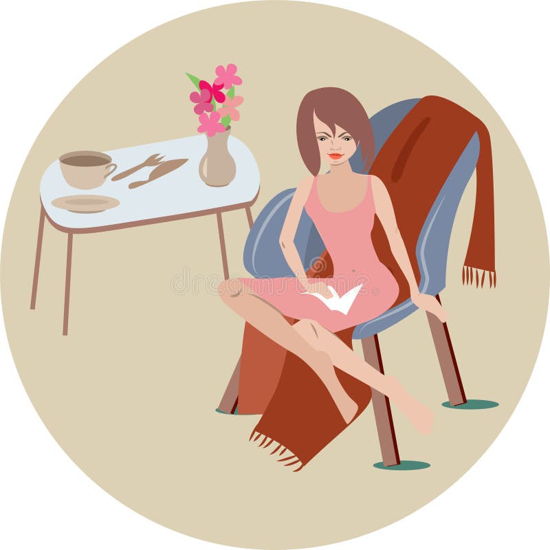 Young Woman Sitting On A Chair And Reading A Book Stock Illustration