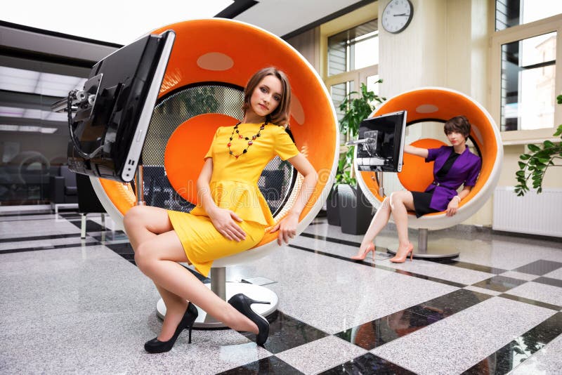 Fashion Business Woman Sitting on Computer Chair in Office Stock Image ...
