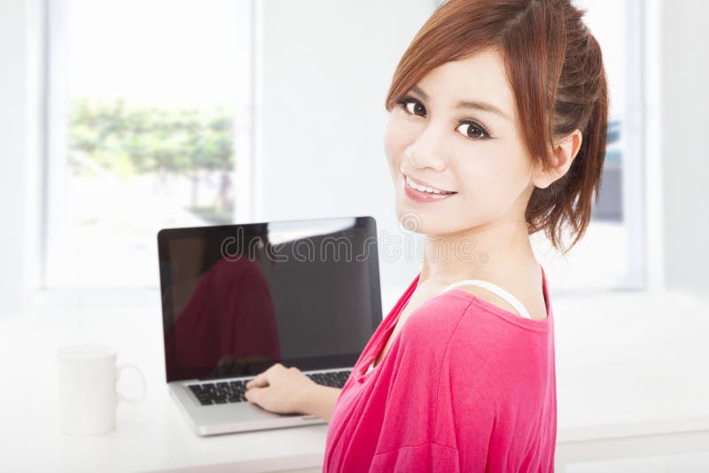 Young Woman Sitting with Laptop Computer Stock Image - Image of girl ...