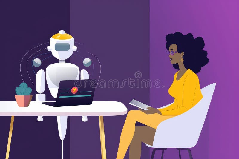 Young Woman Sitting at the Table with a Robot Working on a Laptop ...