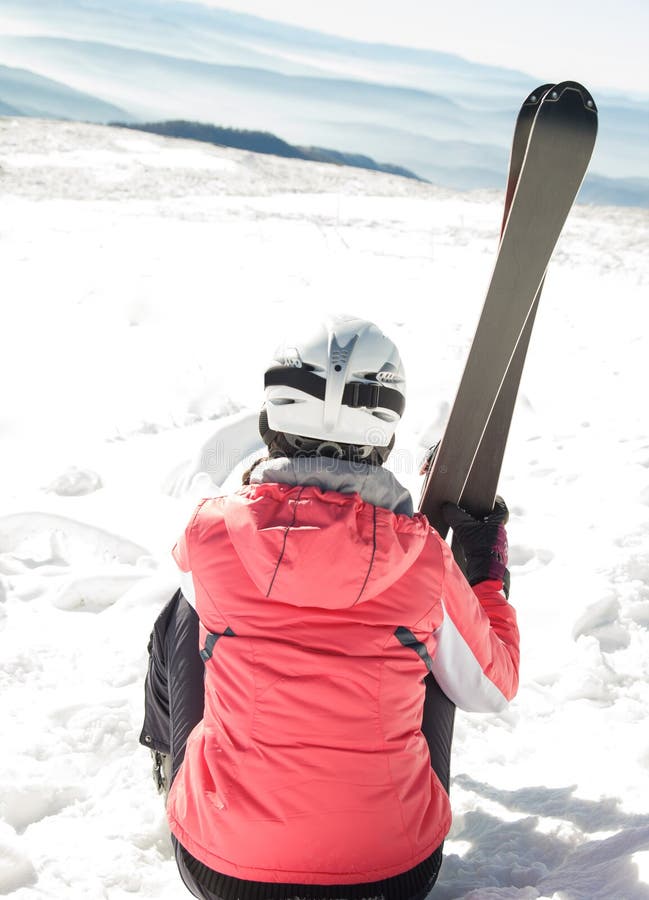 Young Woman Skier at Ski Resort in Mountains Stock Photo - Image of ...