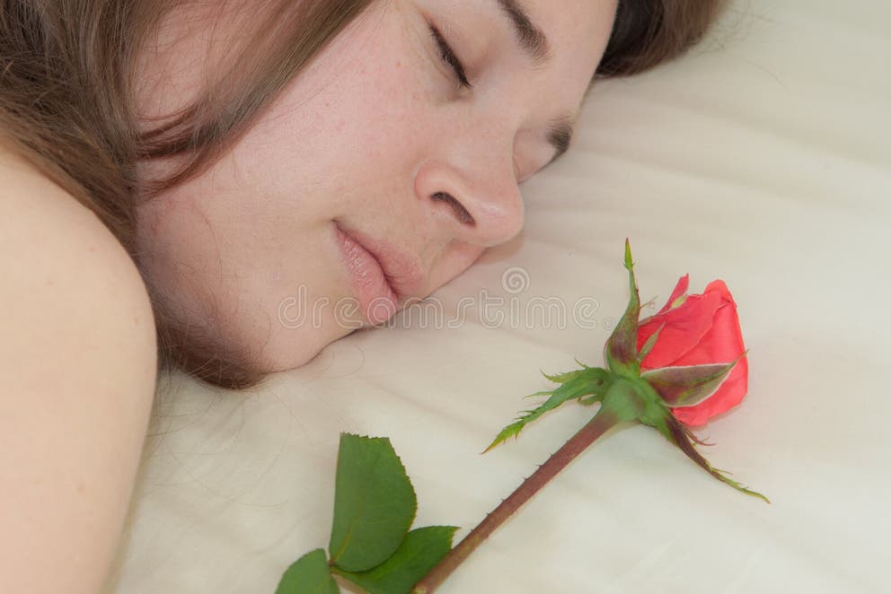 Young Woman Sleeping and a Rose Stock Photo - Image of gift, beauty ...