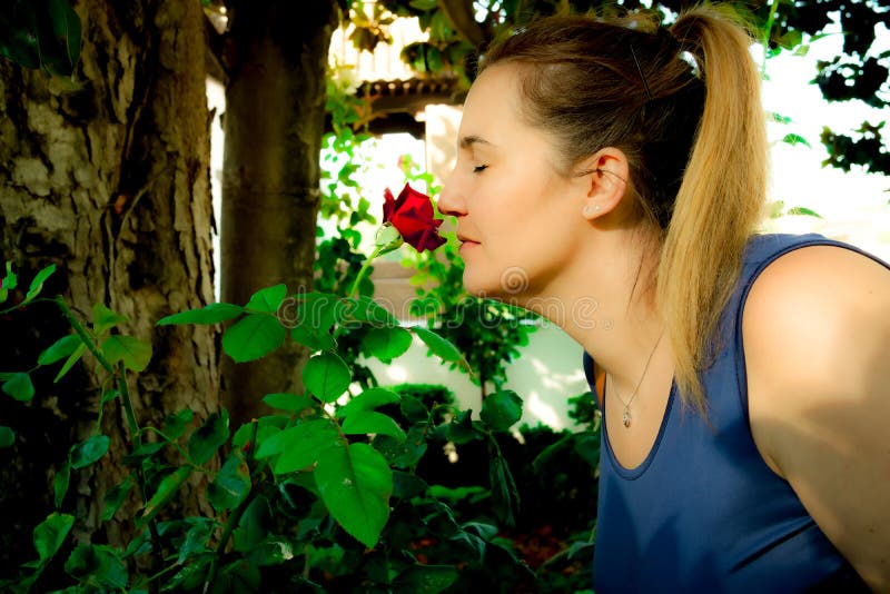 Young Woman Smelling a Rose Stock Image - Image of holiday, freshness ...