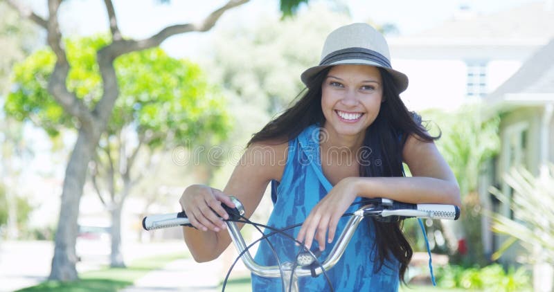 Young Woman Smiling on Bike Stock Photo - Image of happiness, happy ...