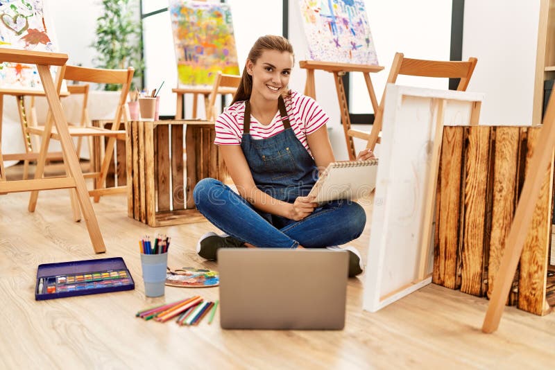 Young Woman Smiling Confident Having Online Draw Class at Art Studio ...