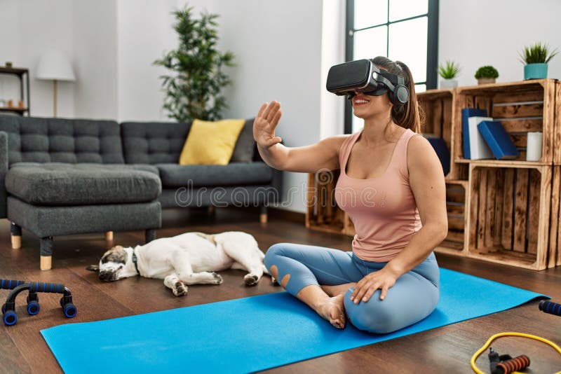 Young Woman Smiling Confident Training Using Vr Goggles at Home Stock ...
