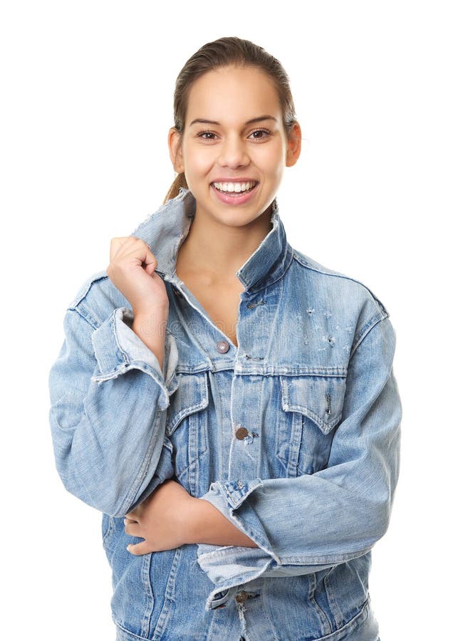 Young Woman Smiling In Denim Jeans Jacket Stock Image Image Of Denim