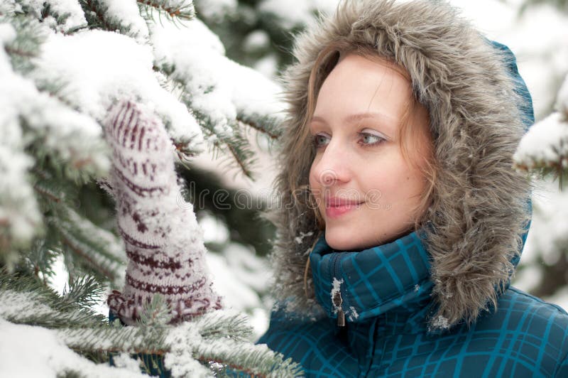 Young Woman in Snow-covered Spruce Forest Stock Image - Image of ...