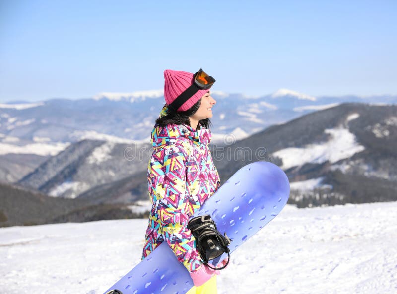 Young Woman with Snowboard. Winter Vacation Stock Image - Image of ...