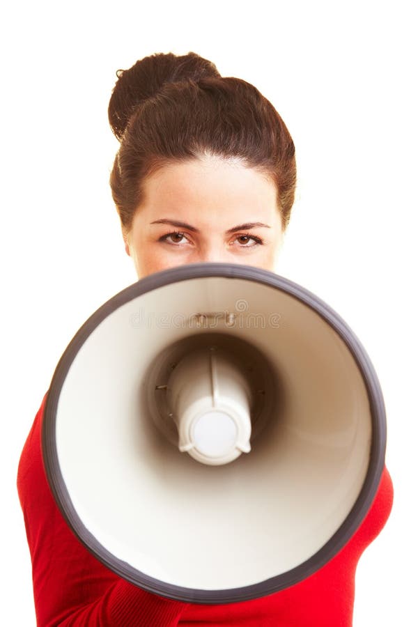 Woman holding a megaphone stock photo. Image of loud - 197864934