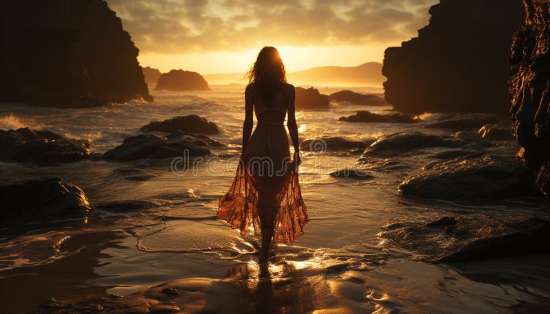 Young Woman Standing on a Cliff, Enjoying the Serene Sunset Generated ...