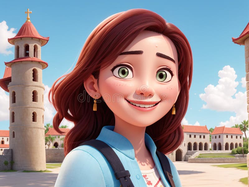 A Young Woman Standing in Front of a Castle with Towers and a Moat ...