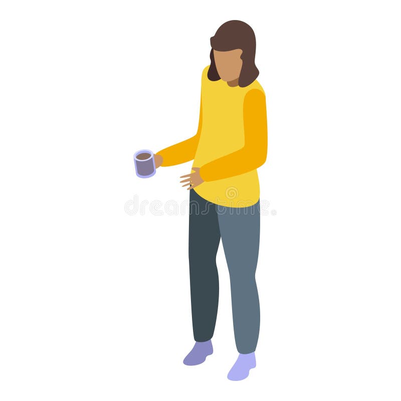 Young Woman is Standing and Holding a Cup of Coffee or Tea Stock ...
