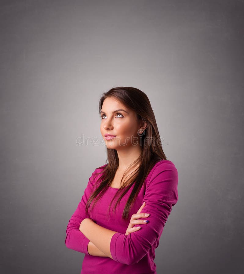 Young Woman Standing and Thinking with Copy Space Stock Image - Image ...