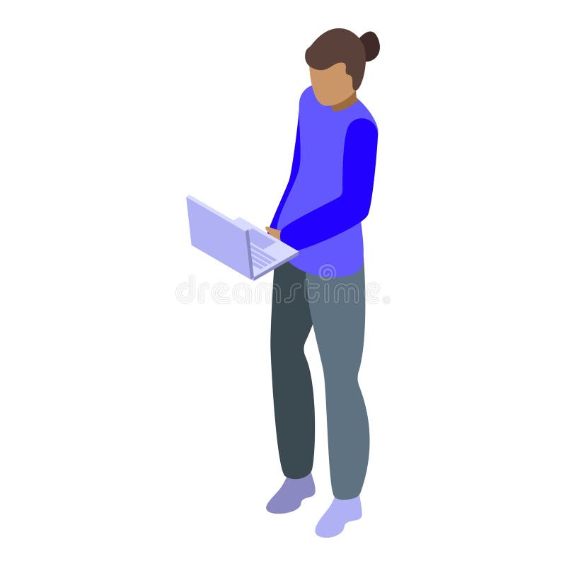 Young Woman Standing Using Laptop Computer Icon Stock Vector ...
