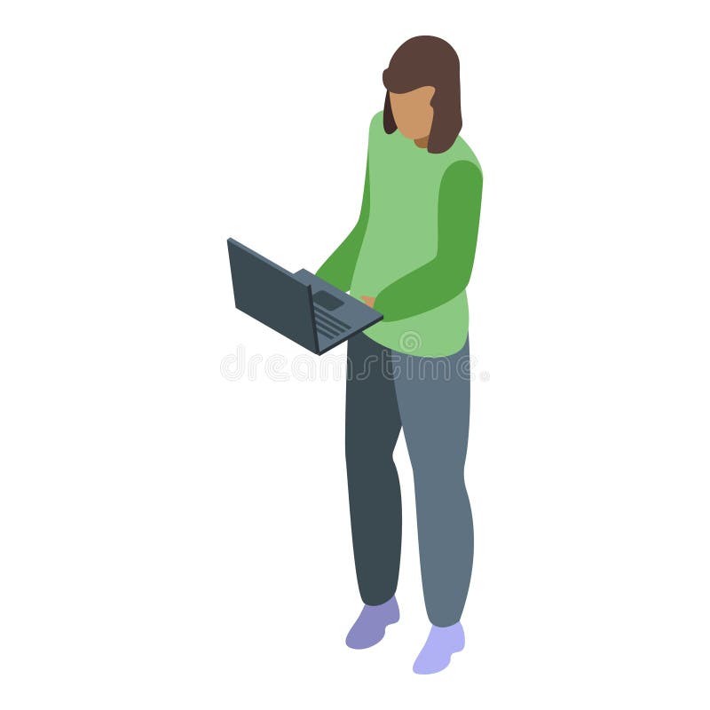Young Woman Standing Working on Laptop Computer Icon Stock Vector ...