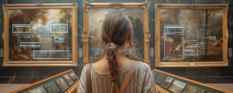 Woman Viewing Classical Artwork with Modern HUD Stock Illustration ...