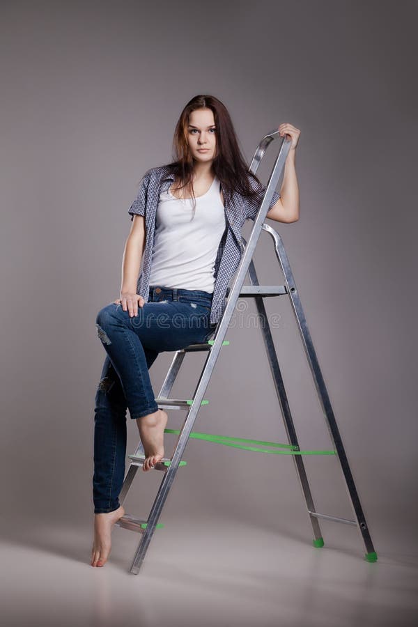 Young Woman on Step Ladder. Stock Image - Image of barefoot, ambitious ...
