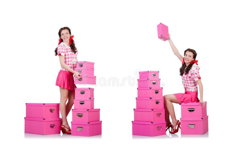 The Young Woman with Storage Boxes on White Stock Photo - Image of ...