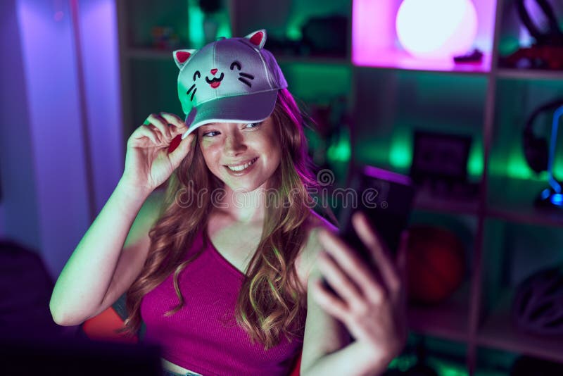 Young Woman Streamer Using Computer Make Selfie by Smarpthone at Gaming ...