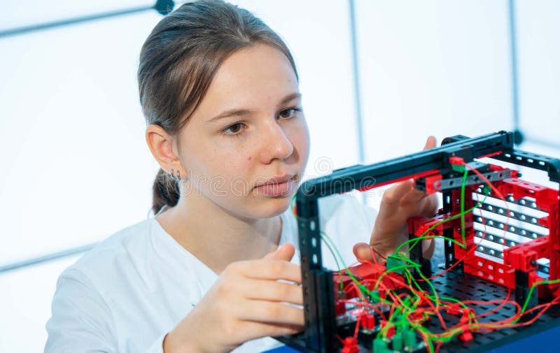 Young Woman Student Assembling Electronic Devices in the Robotics ...