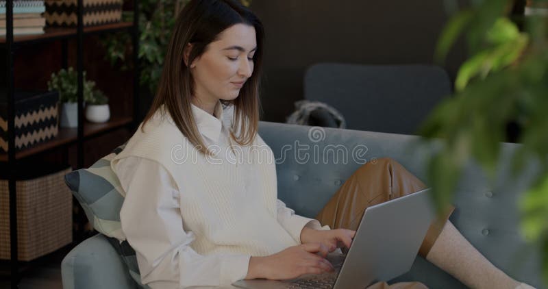 Young Woman Student Learning from Home Using Computer Typing Thinking ...
