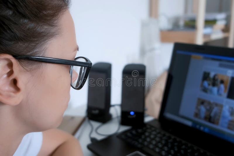 Portrait of Woman Student Learning Language on Computer Sitting at Home ...