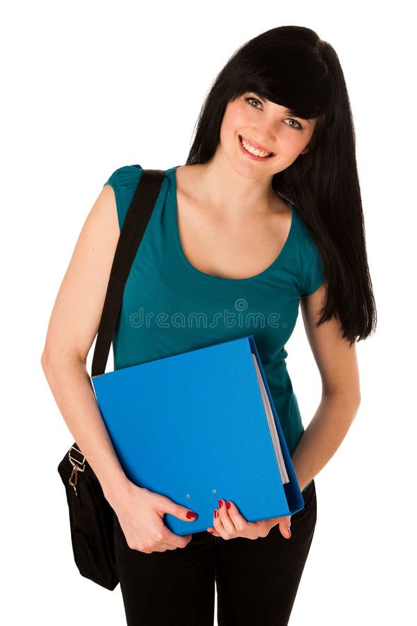 Young Woman Student with Schoolbag and Folder Isolated Stock Photo ...