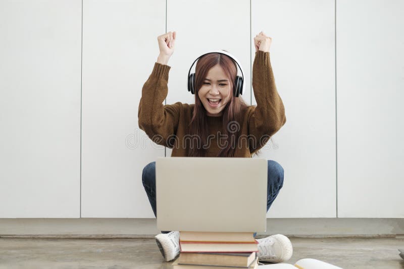 Young Women Study in Front of the Laptop Computer at Home. Stock Image ...