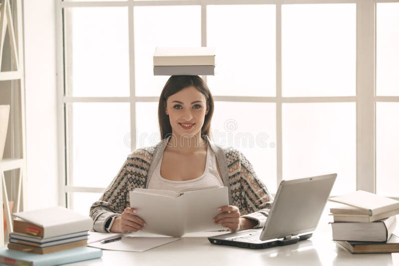 Young Woman Study at Home Alone Education Stock Image - Image of ...