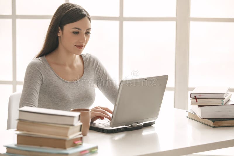Young Woman Study at Home Alone Education Stock Image - Image of laptop ...