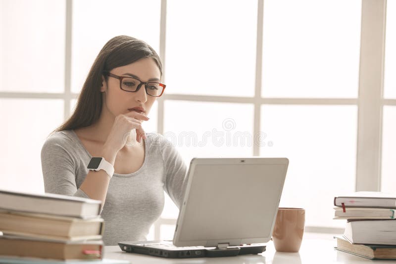Young Woman Study at Home Alone Education Stock Photo - Image of ...