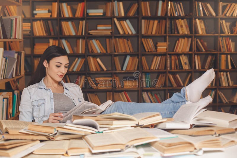 Young Woman Study in the Library Alone Stock Photo - Image of person ...
