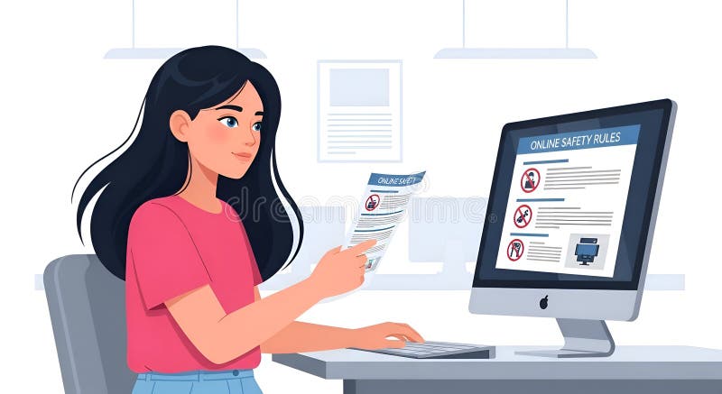 Young Woman Studying Online Safety Rules on Computer, Reading ...