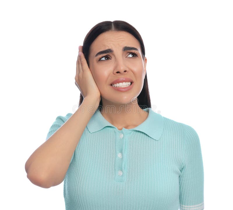 Young Woman Suffering from Ear Pain on White Background Stock Image ...