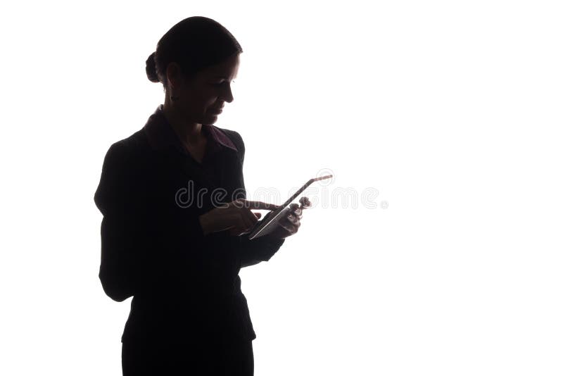 Young Woman in Suit Shows Pointer Forward, Side View - Silhouette Stock ...