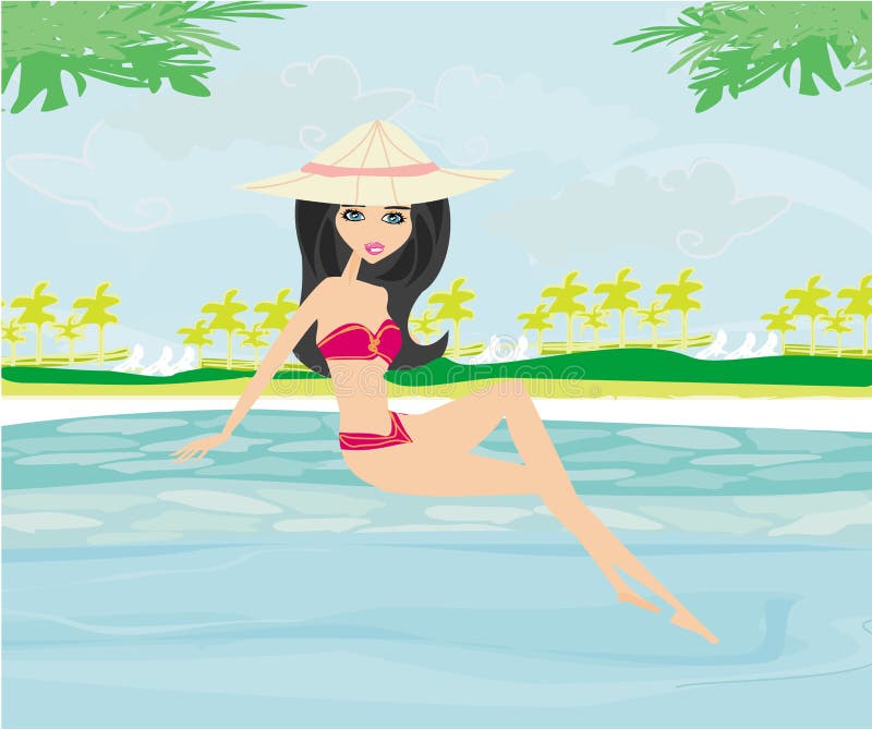 Young Woman Sunbathing By The Pool Stock Vector Illustration Of