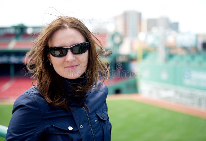 Young Woman in Sunglasses Visiting a Baseball Park Stock Image - Image ...