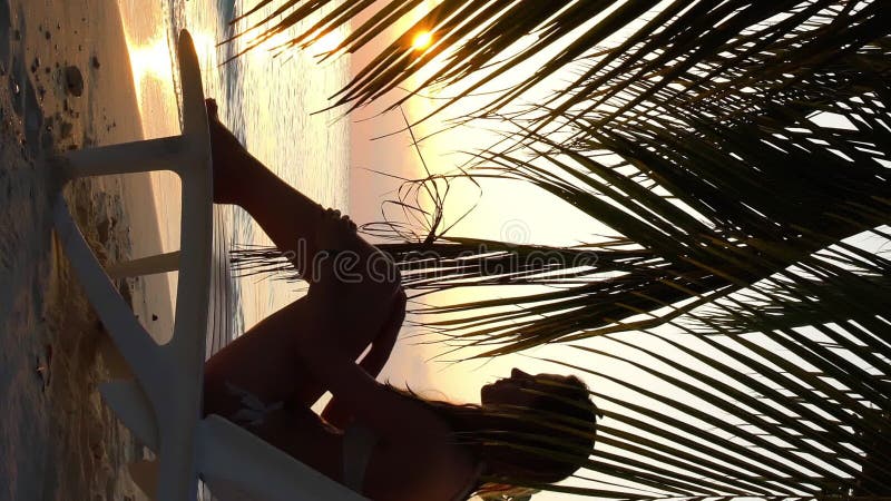 Young Woman At Sunset By The Ocean Under A Palm Tree Stock Video