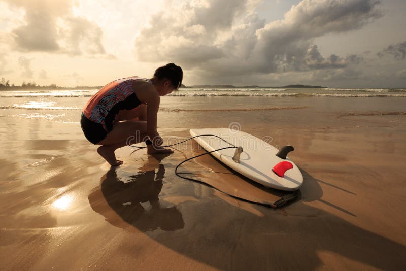 Woman Surfer Ready To Surf on the Beach Stock Photo - Image of korean ...