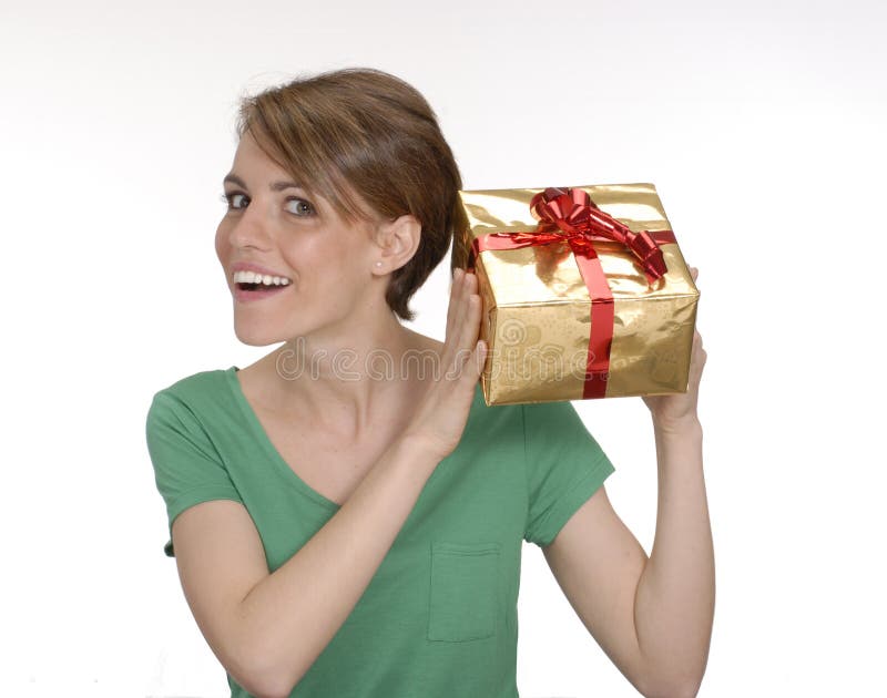 Young Woman Taking Gift on White Stock Image - Image of gift, opening ...