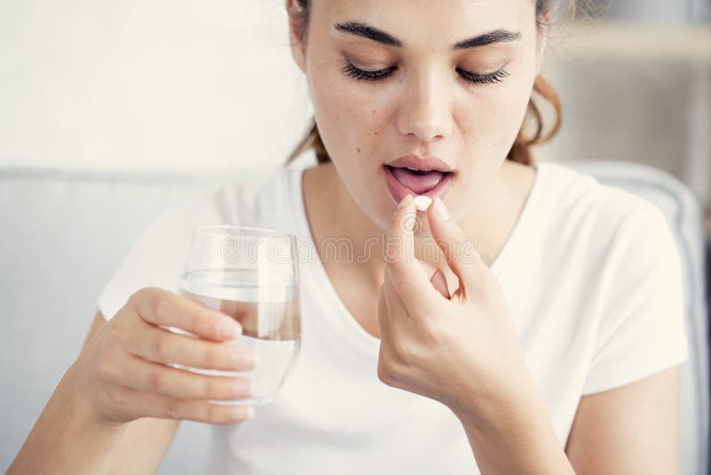 Woman With Headache Hand Take Pill Medicine Tablet Stock Image Image