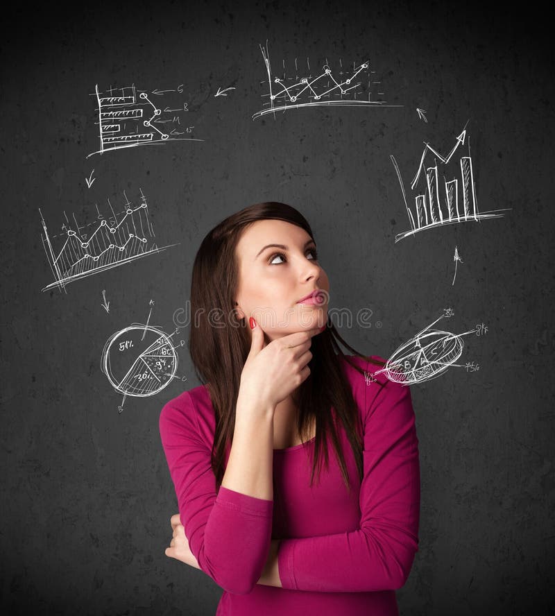 Young Woman Thinking with Charts Circulation Around Her Head Stock ...