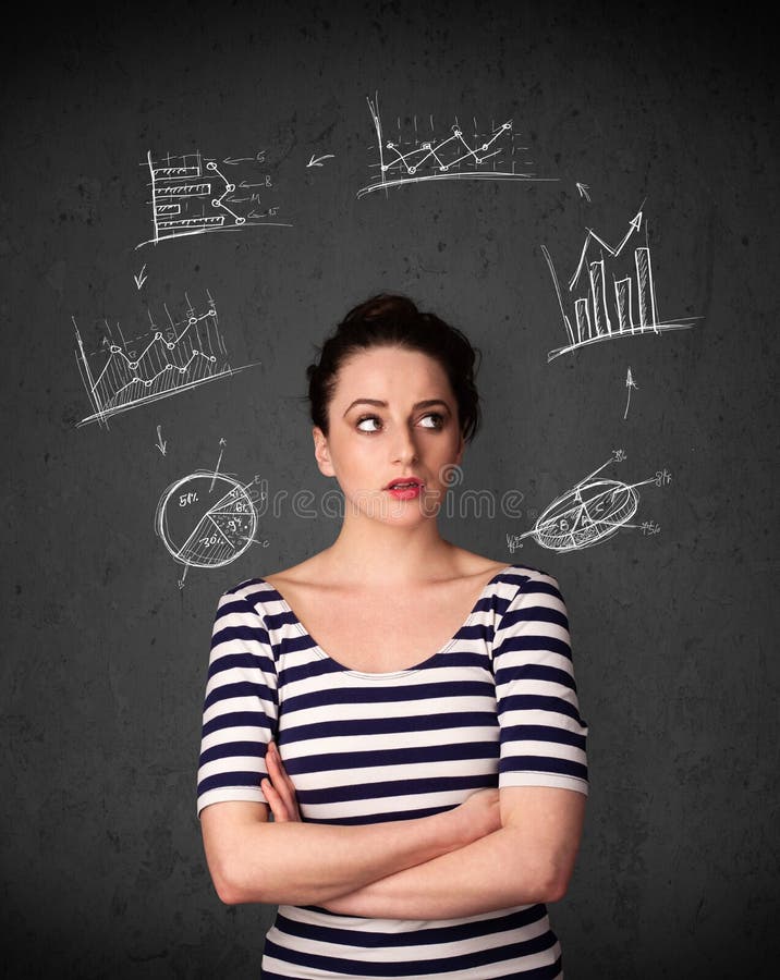Young Woman Thinking with Charts Circulation Around Her Head Stock ...