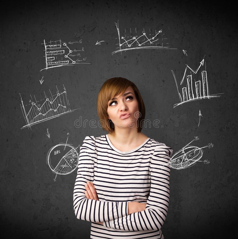 Young Woman Thinking with Charts Circulation Around Her Head Stock ...