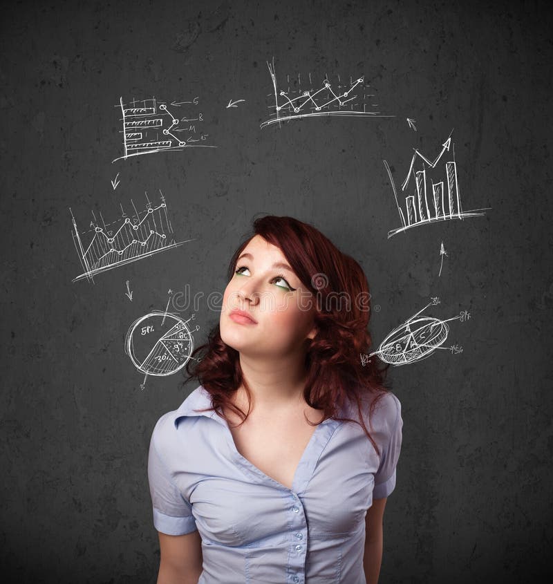 Young Woman Thinking with Charts Circulation Around Her Head Stock ...
